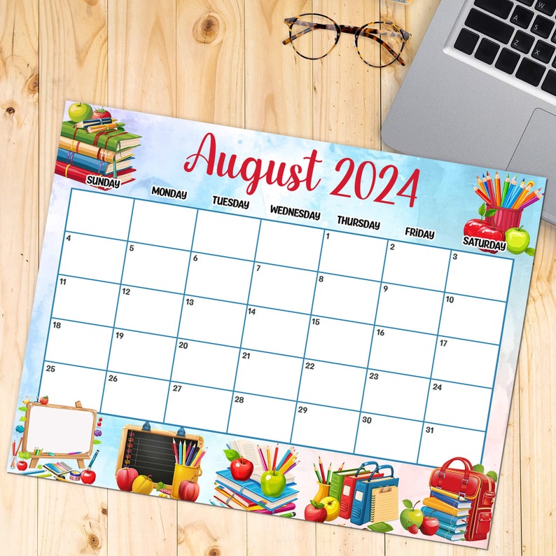 Back to School August 2024 Calendar, Printable August Calendar, Back to ...