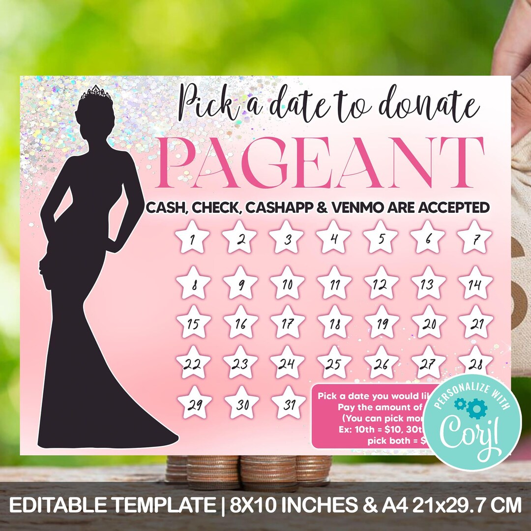 Pageant Fundraiser Pick a Date to Donate Calendar - Glamorous Pink ...