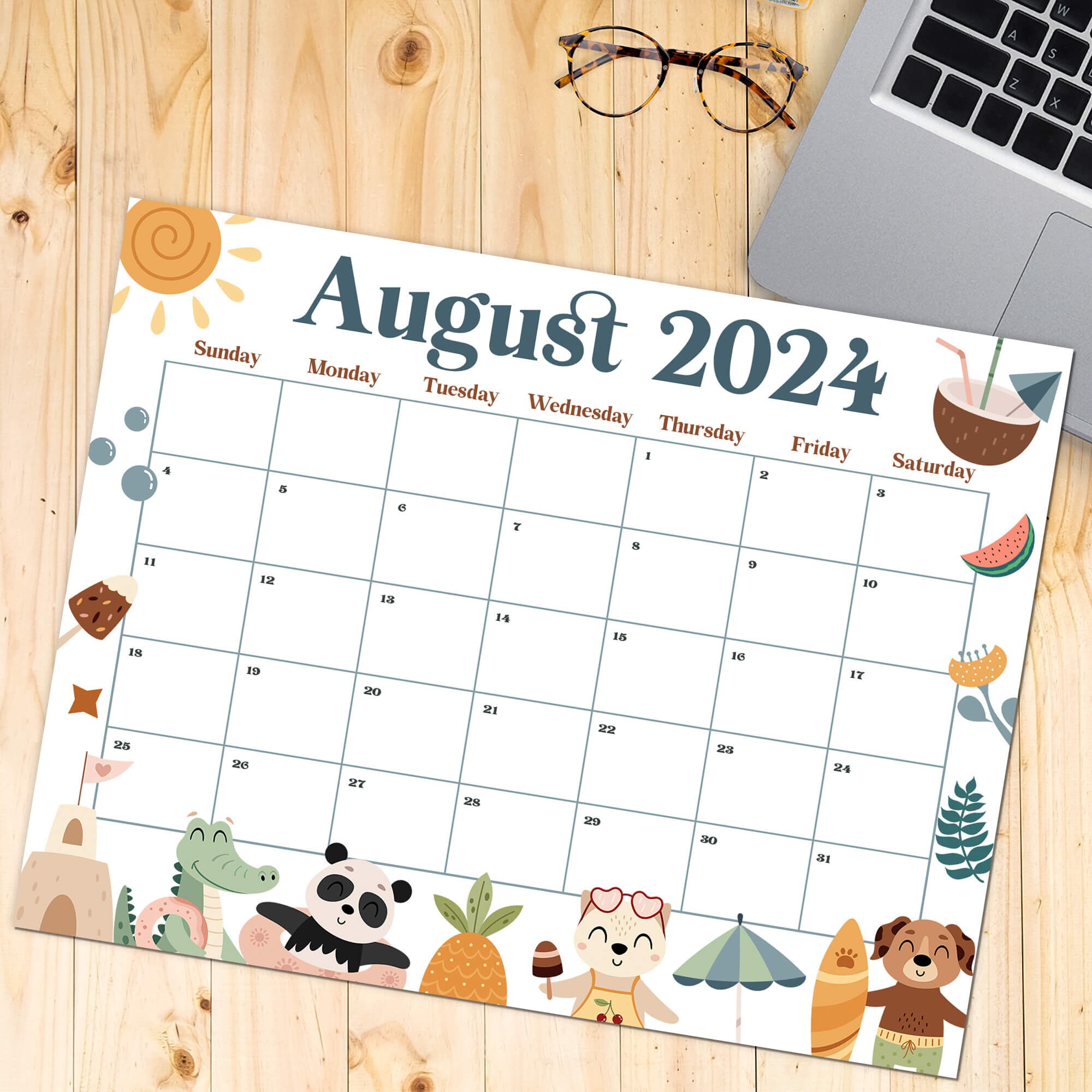 August 2024 Animal Summer Calendar, Printable Animal Themed August ...