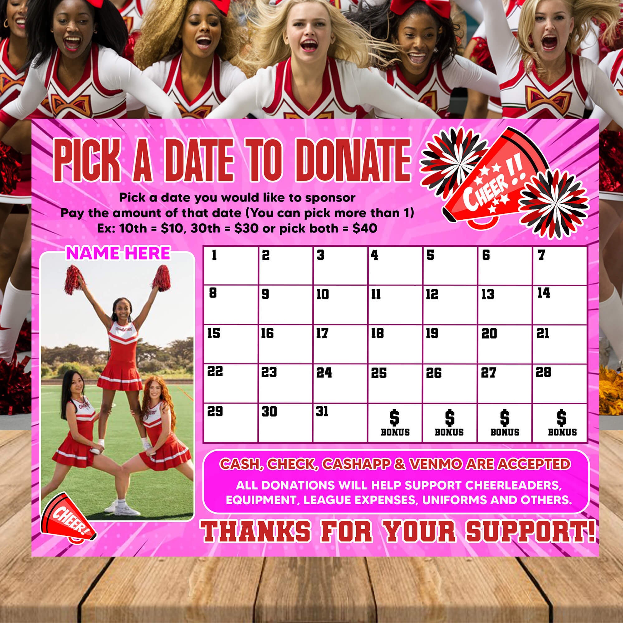 Editable Cheerleading Fundraising Calendar, Cheerleader, Cheer Pick a ...