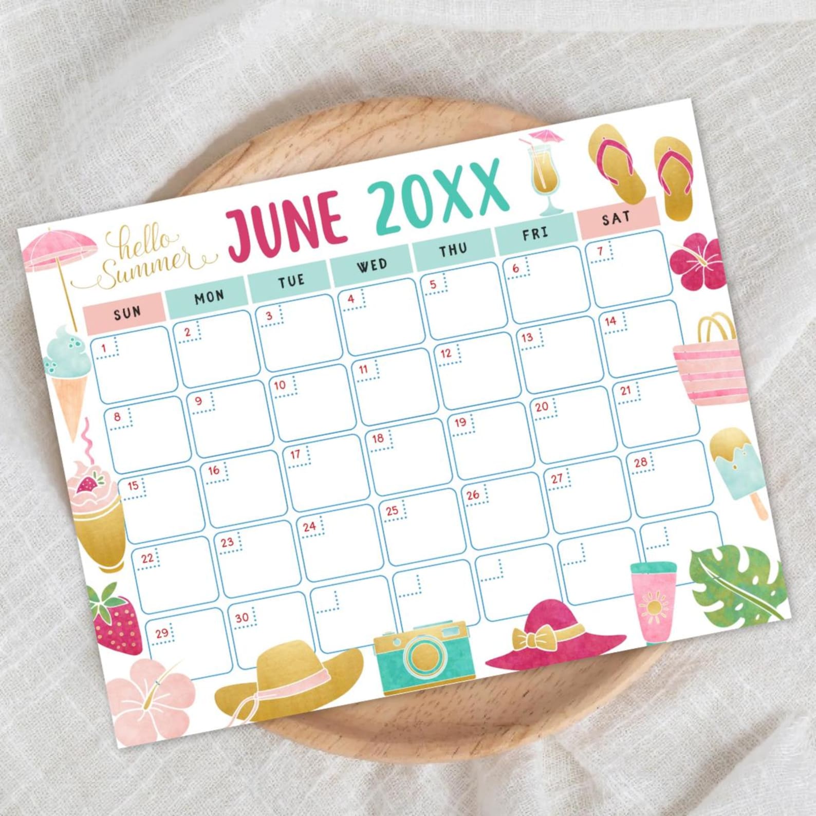 Summer June Calendar Printable | Hello Summer Digital Planner | Cute ...