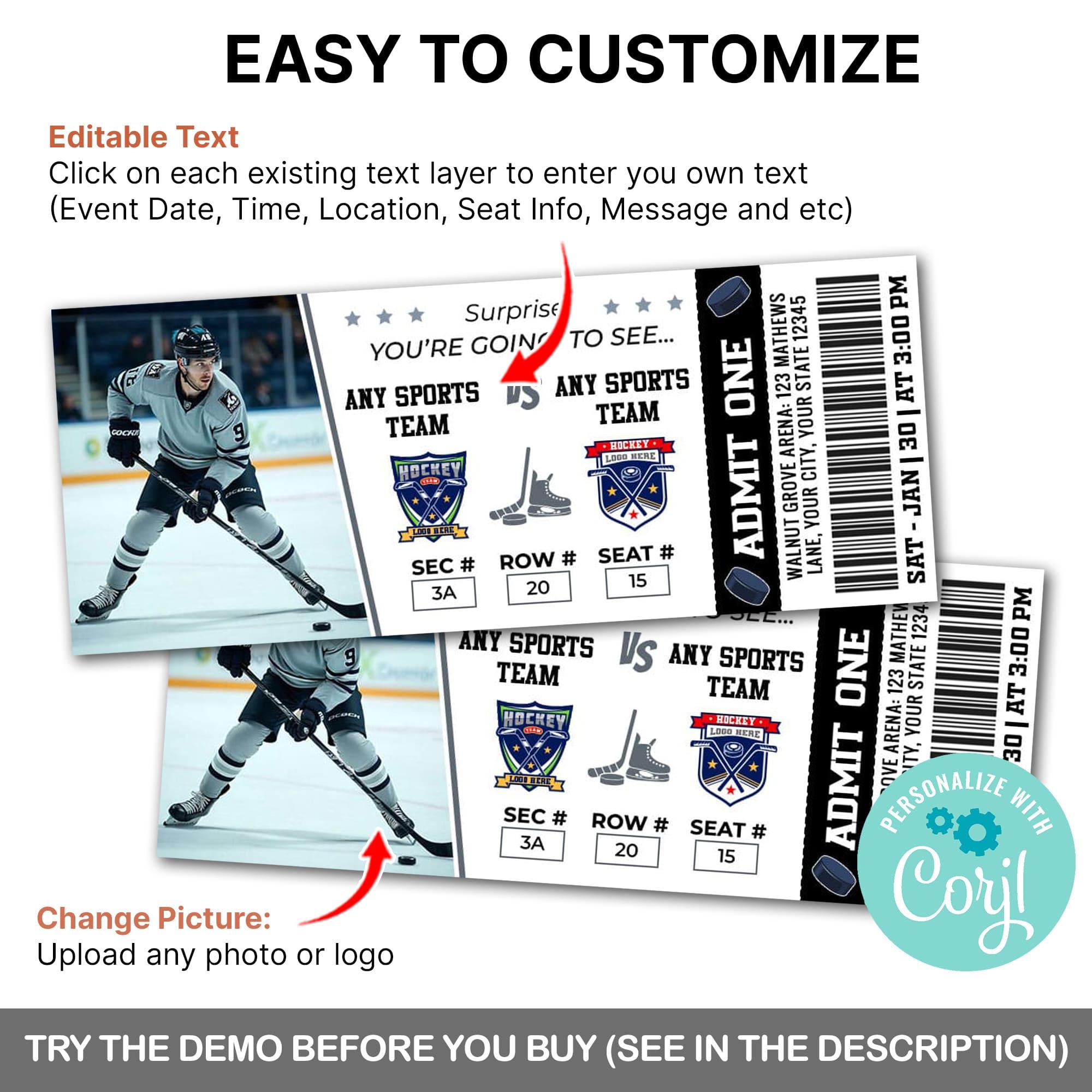 Editable Hockey Game Ticket Template | Printable Sports Game Ticket - Etsy