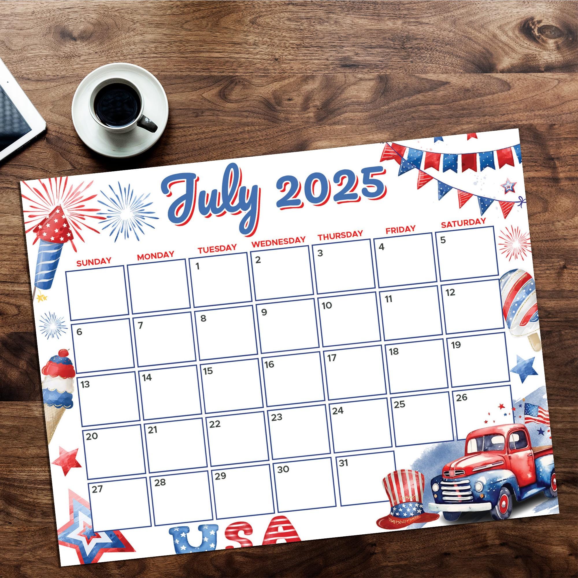 4th of July Day Calendar Planner, Printable July 2025 Calendar ...