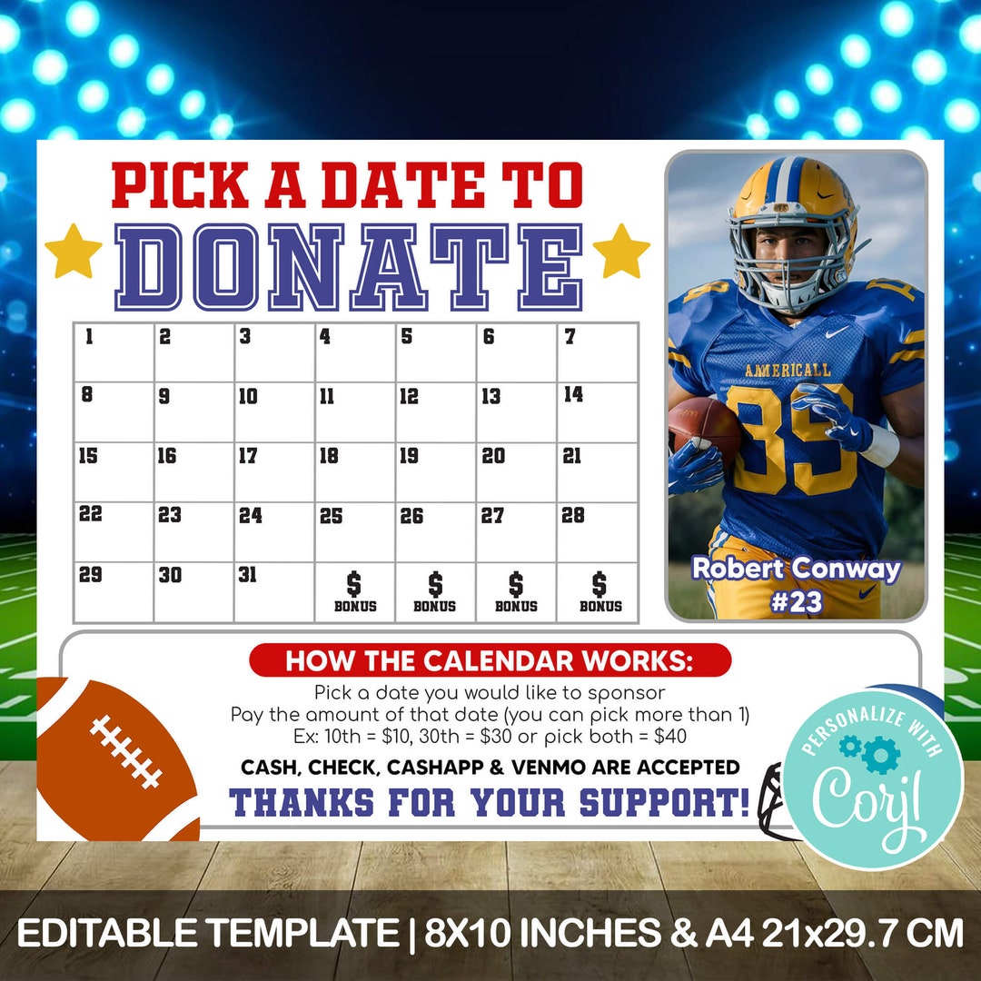 Football Pick a Date to Donate Calendar Flyer, Rugby Fundraiser Sponsor ...