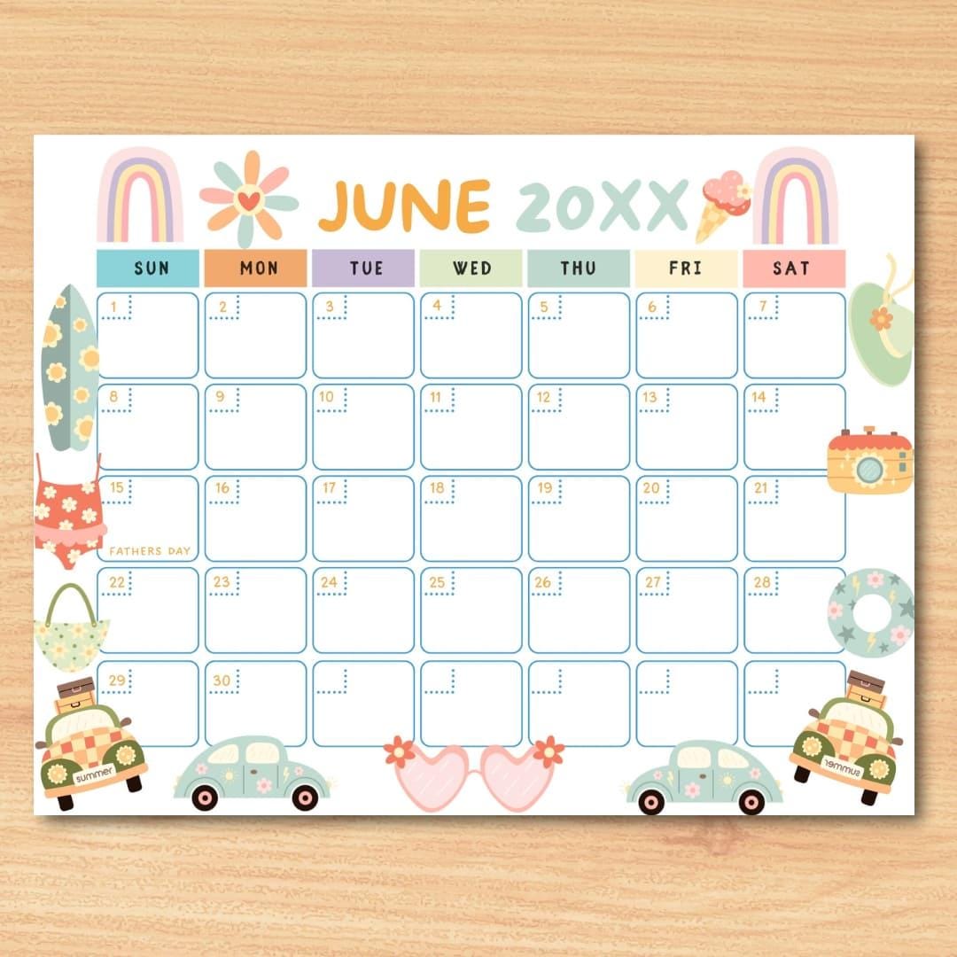 Editable Retro Summer June Calendar Template | Groovy Aesthetic ...
