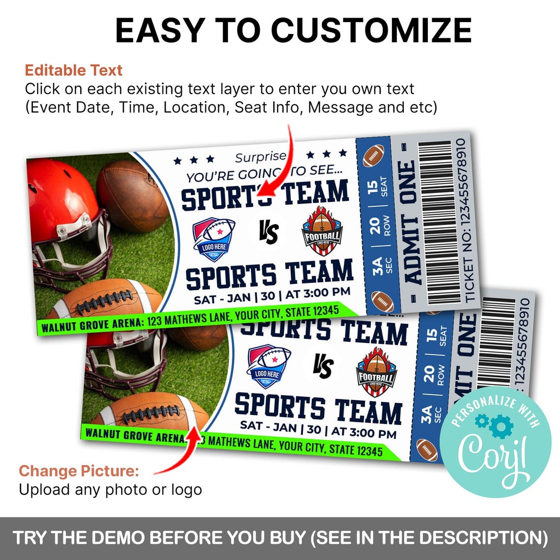 DIY Football Game Ticket Template | Editable Rugby Football Sports Game ...