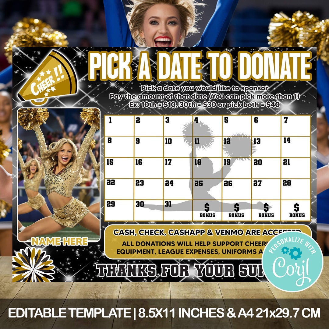 Editable Cheer Squad Team Fundraiser Donation Calendar Template, Pick a ...