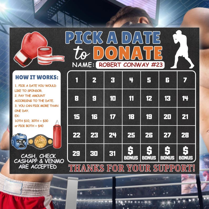 Editable Boxing Fundraiser Calendar: Boxing Pick a Date to Donate ...