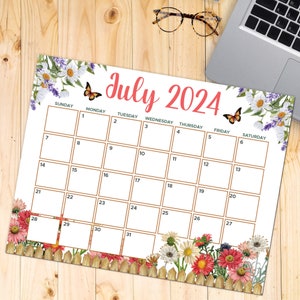 July 2024 Daisy Floral Themed Calendar, Printable Cute Daisies Calendar ...