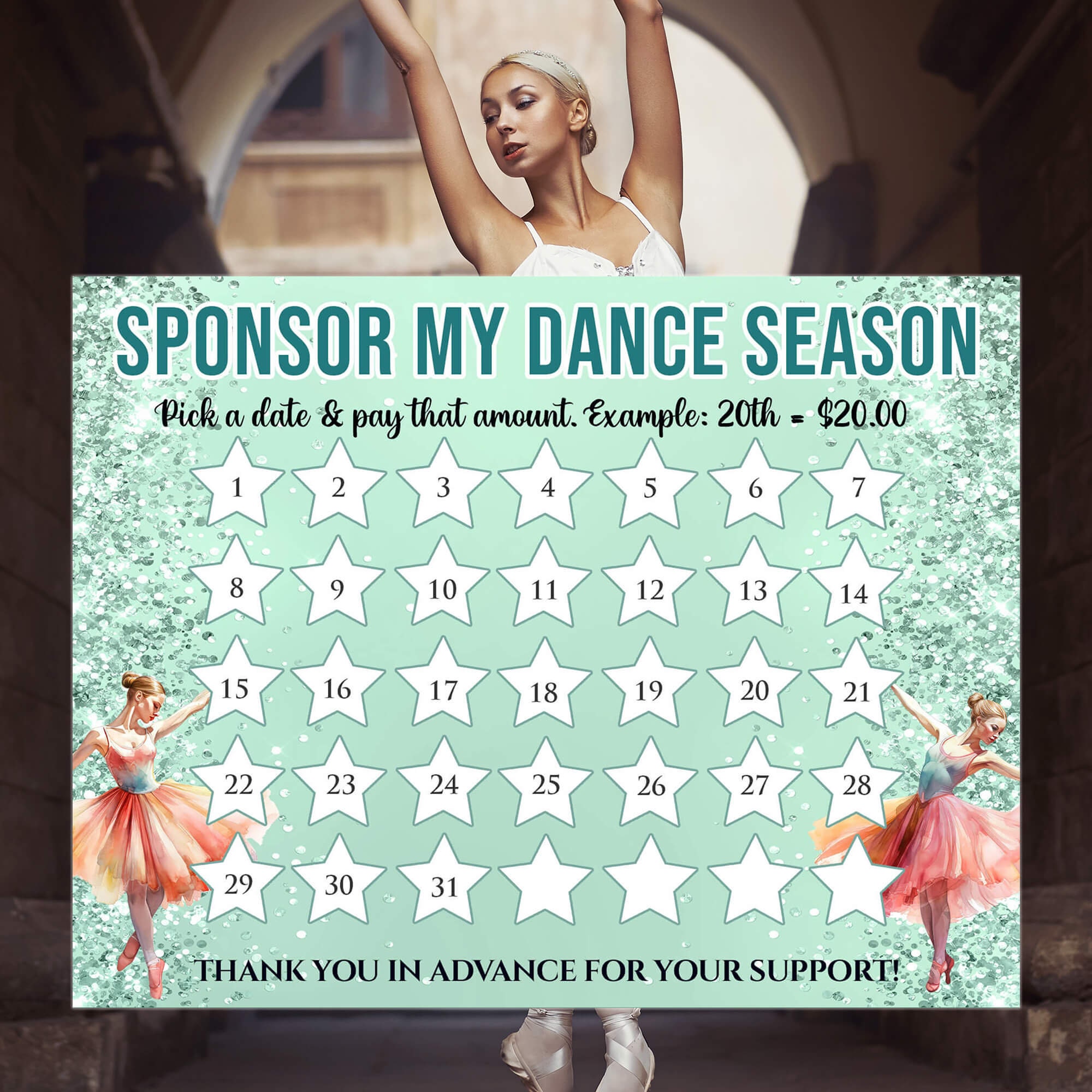 Editable School Dance Ballet Themed Donation Calendar, Ballerina Pick a ...
