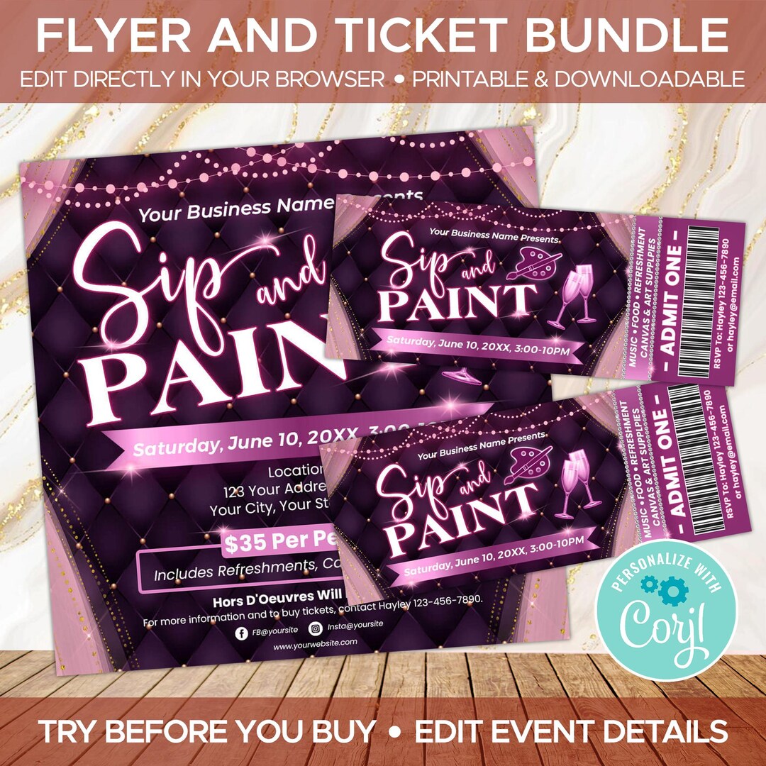 Editable Sip and Paint Ticket Stub and Ticket Bundle | Paint and Sip ...
