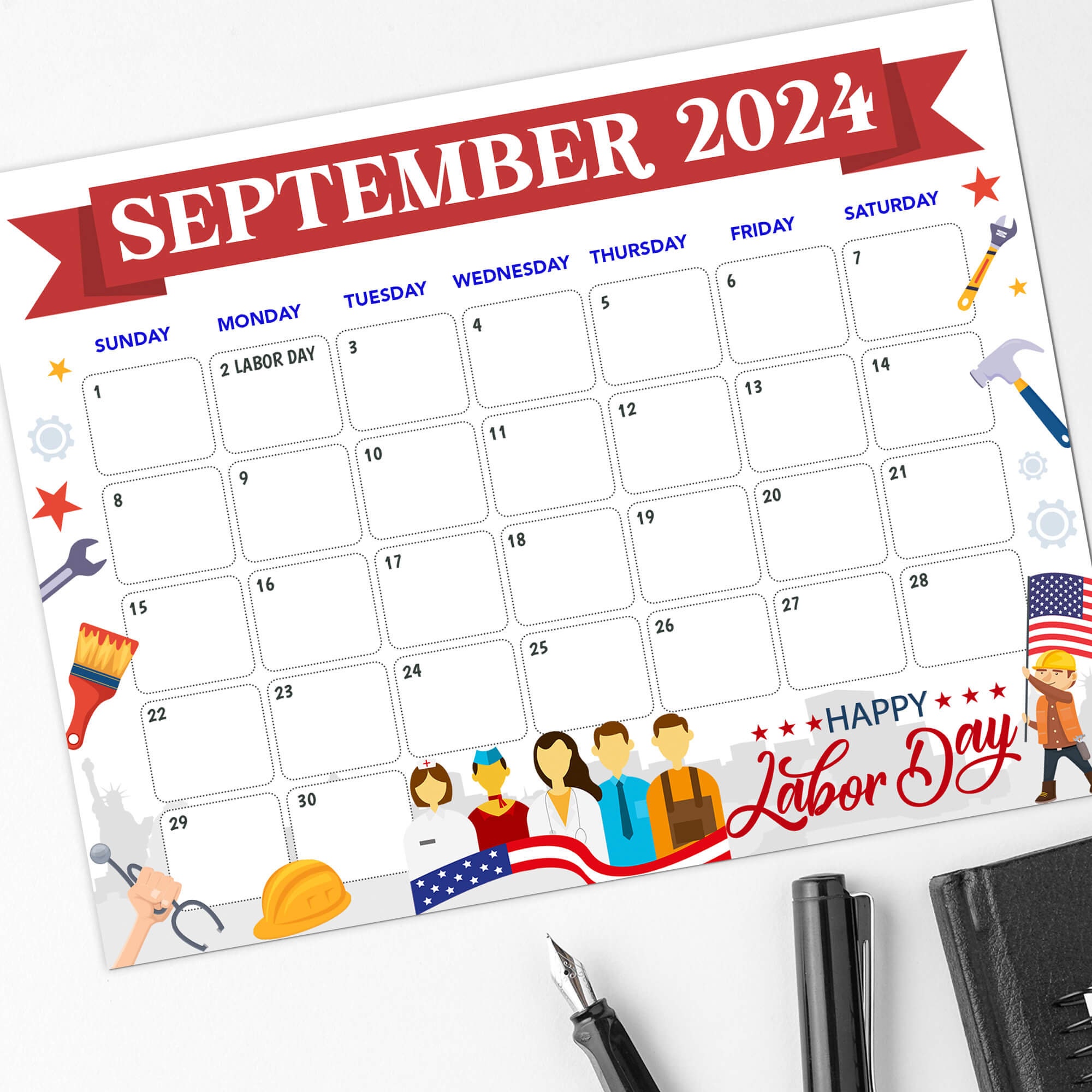 Printable September 2024 Calendar With Labor Day Theme - Etsy