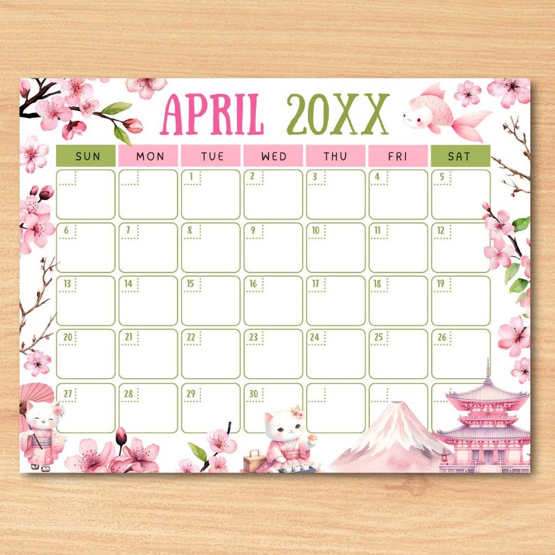 EDITABLE Spring April Calendar Printable 2025 | Colorful Cherry Blossom ...