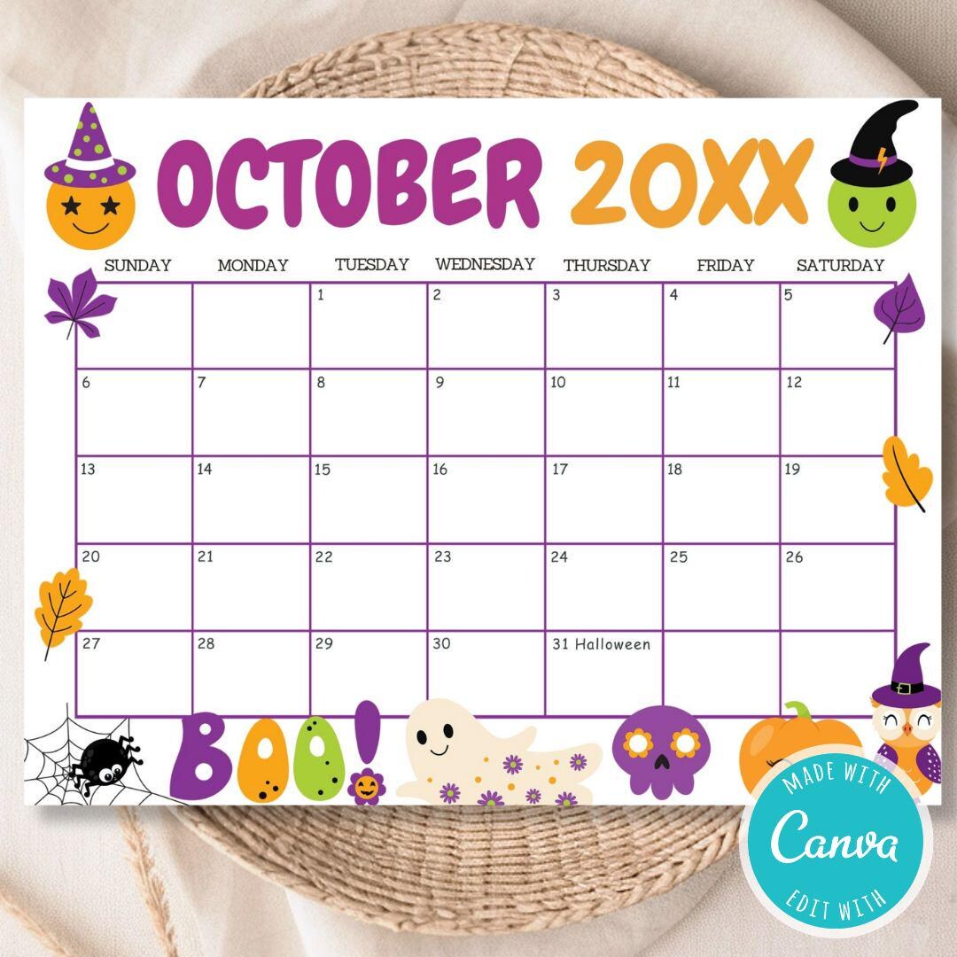 Editable October Halloween Calendar Planner Template With Cute Ghosts ...