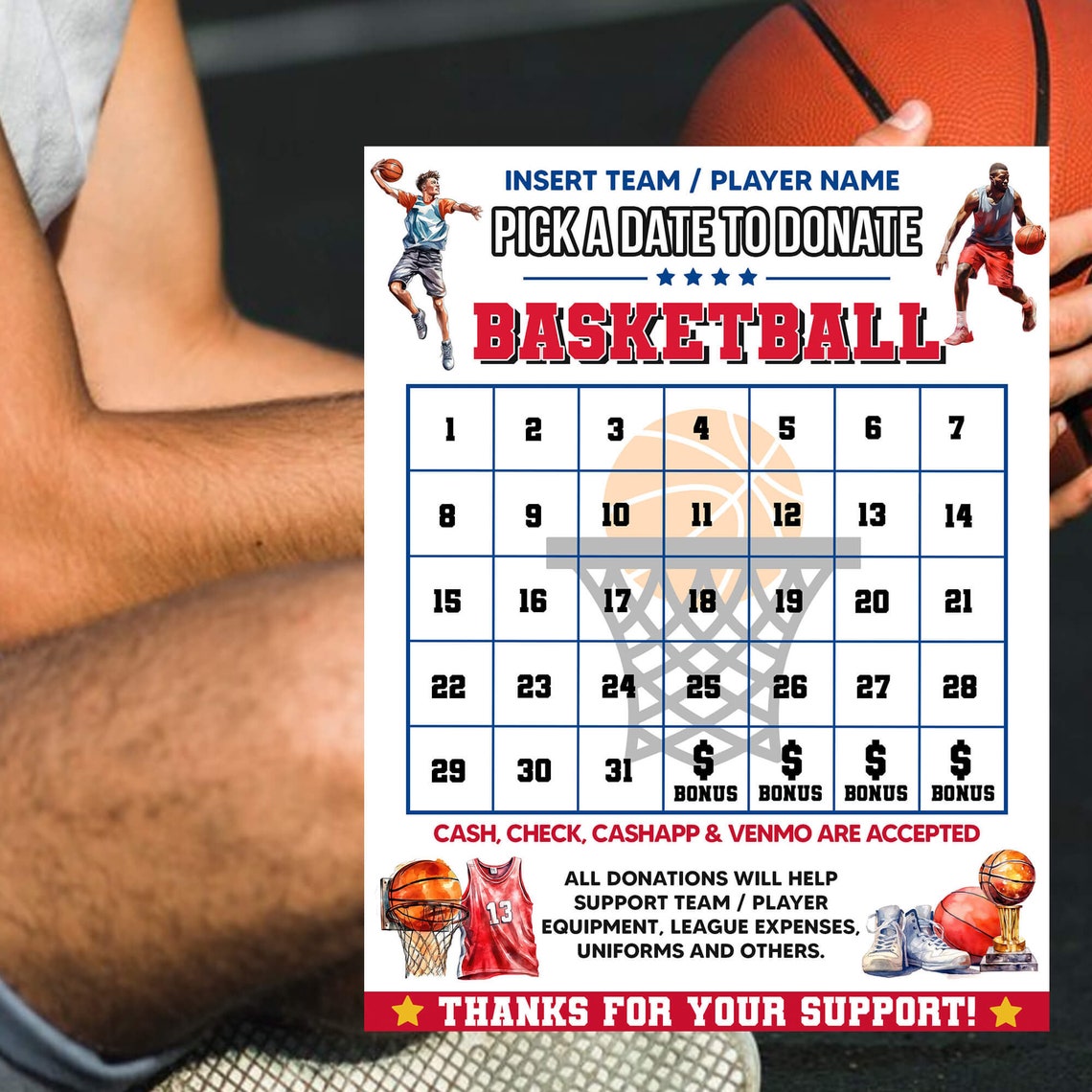 Editable Basketball Fundraiser Donation Calendar Template, Pick a Date ...