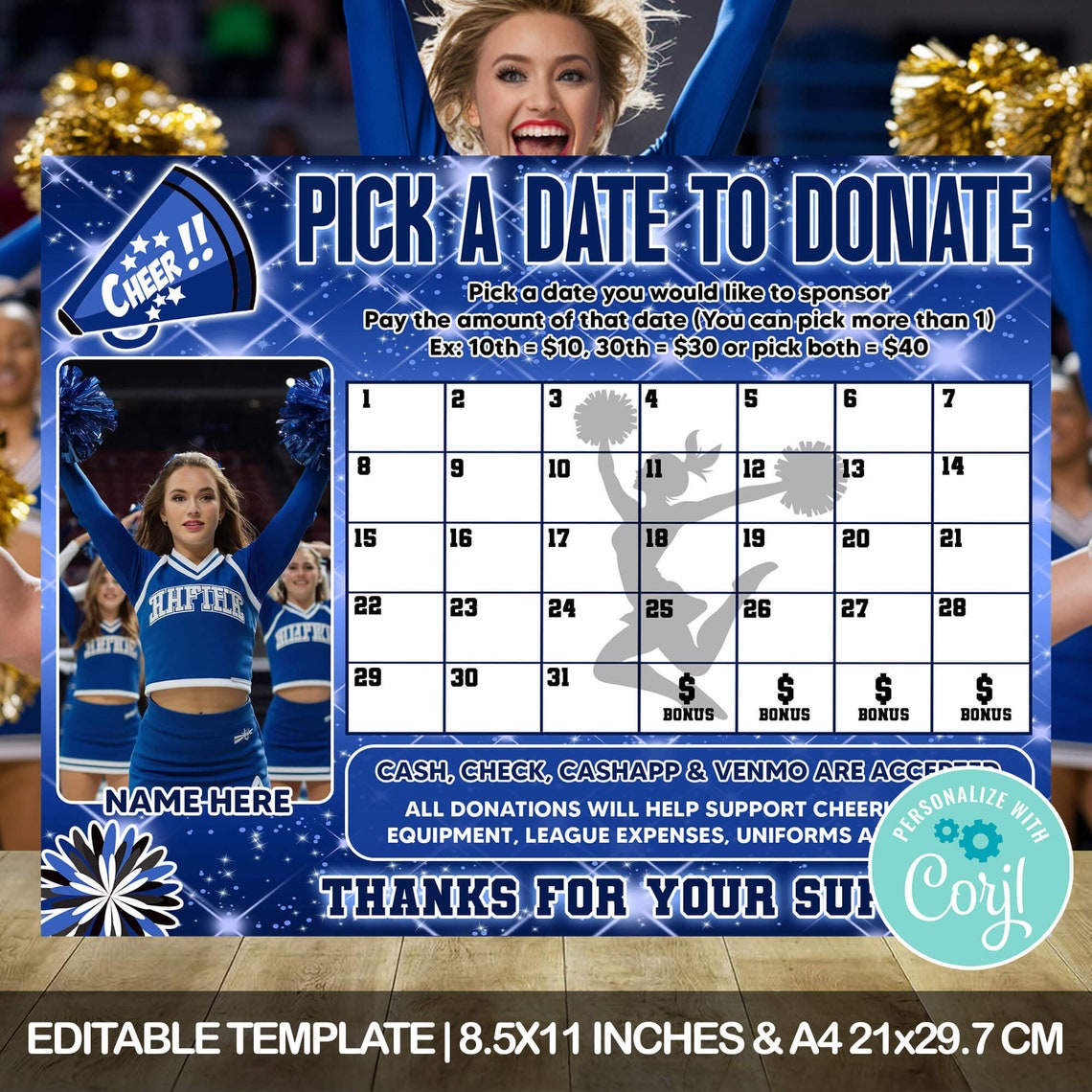 Editable Cheerleader Squad Pick a Date to Donate, School Cheer Team ...