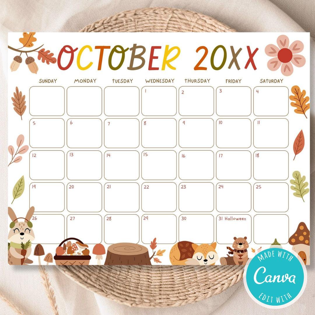 Editable Cute Autumn Animals October Calendar Planner Template - Etsy