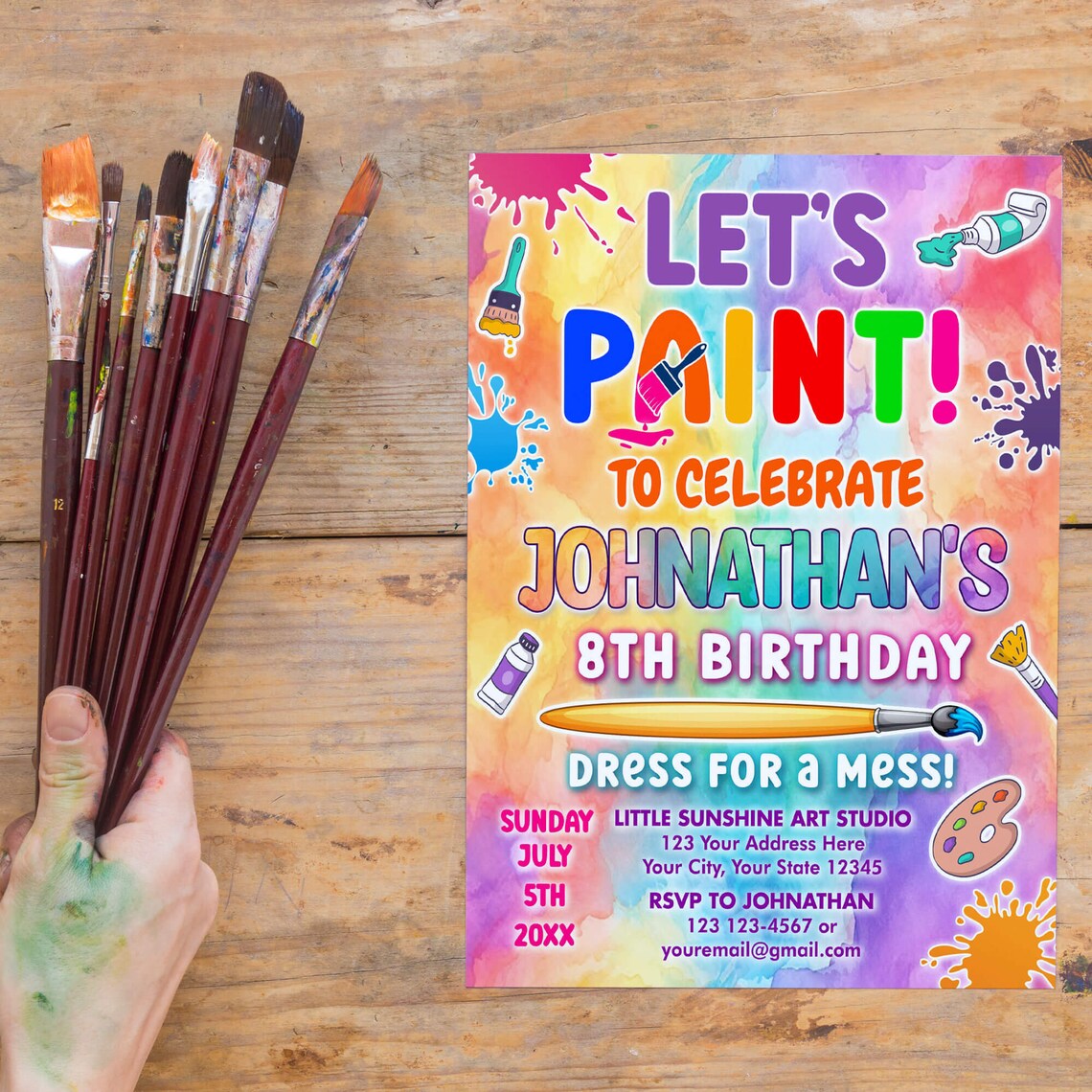 Editable Art Birthday Party, Paint Party Invitation Template, Rainbow ...