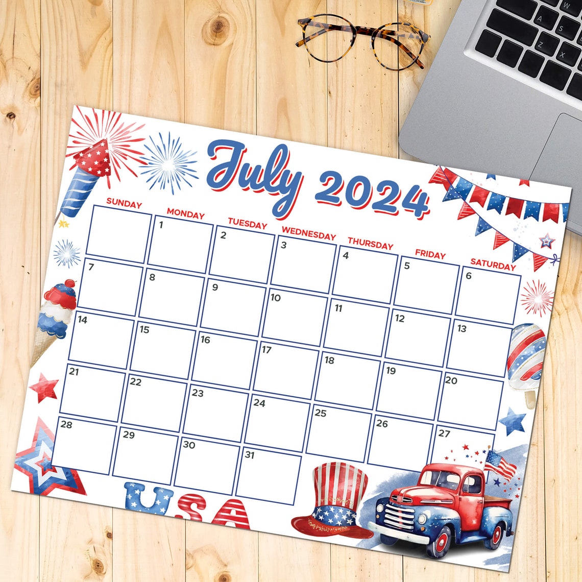 4th of July Day Calendar Planner, Printable July 2024 Calendar ...