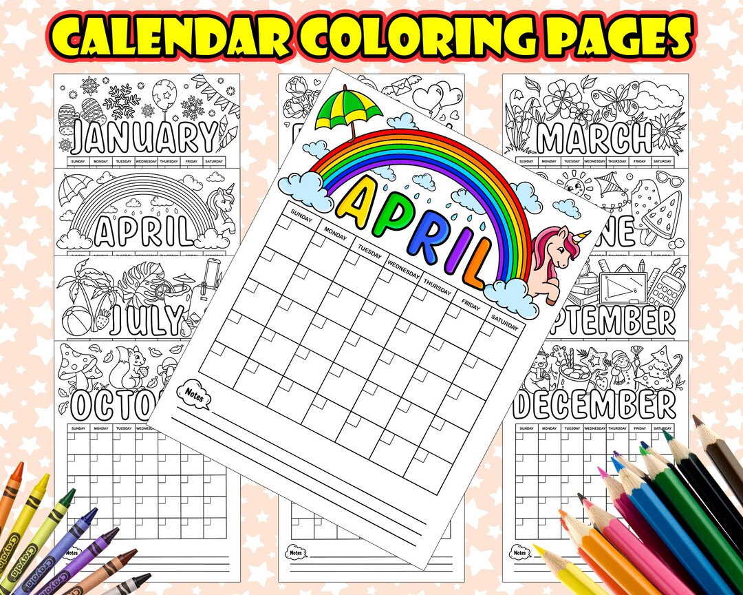12 Month Coloring Calendar for Kids, Printable Calendar to Color, Cute ...