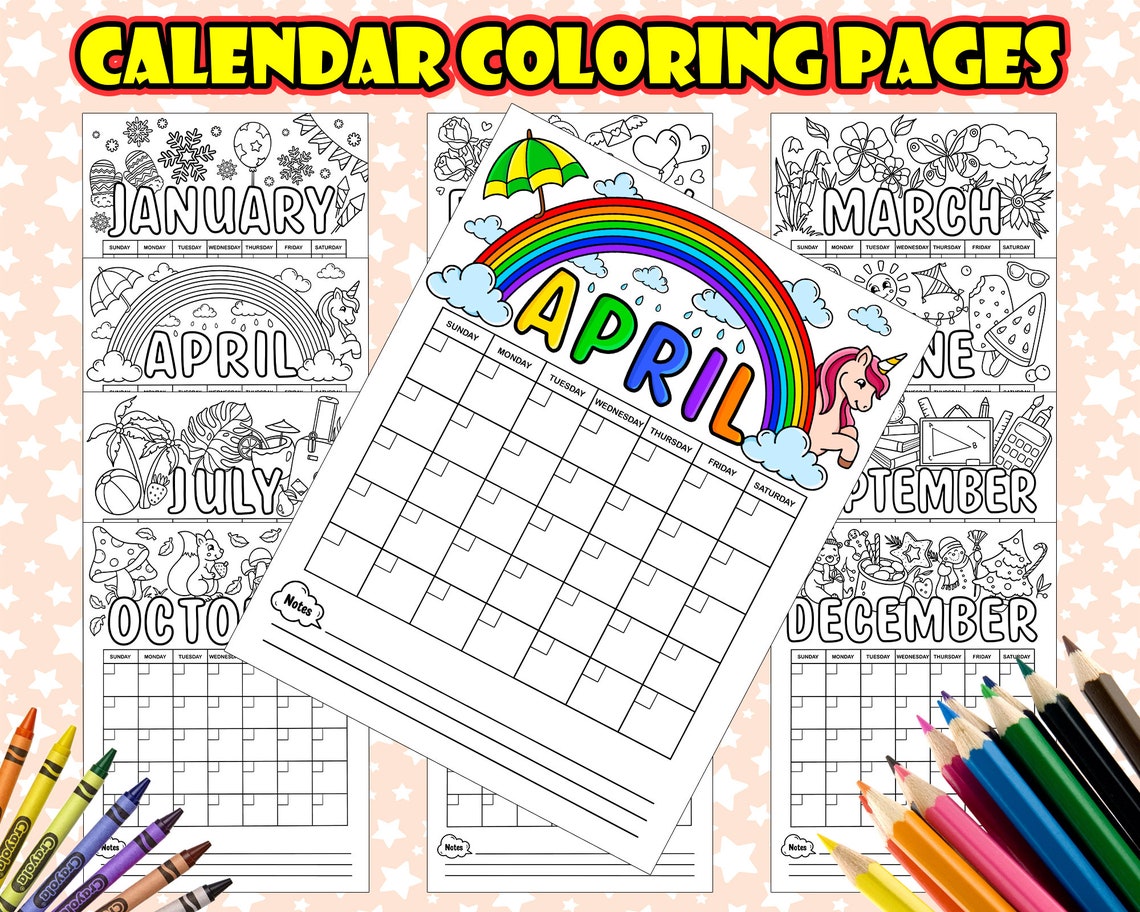 12 Month Coloring Calendar for Kids, Printable Calendar to Color, Cute ...