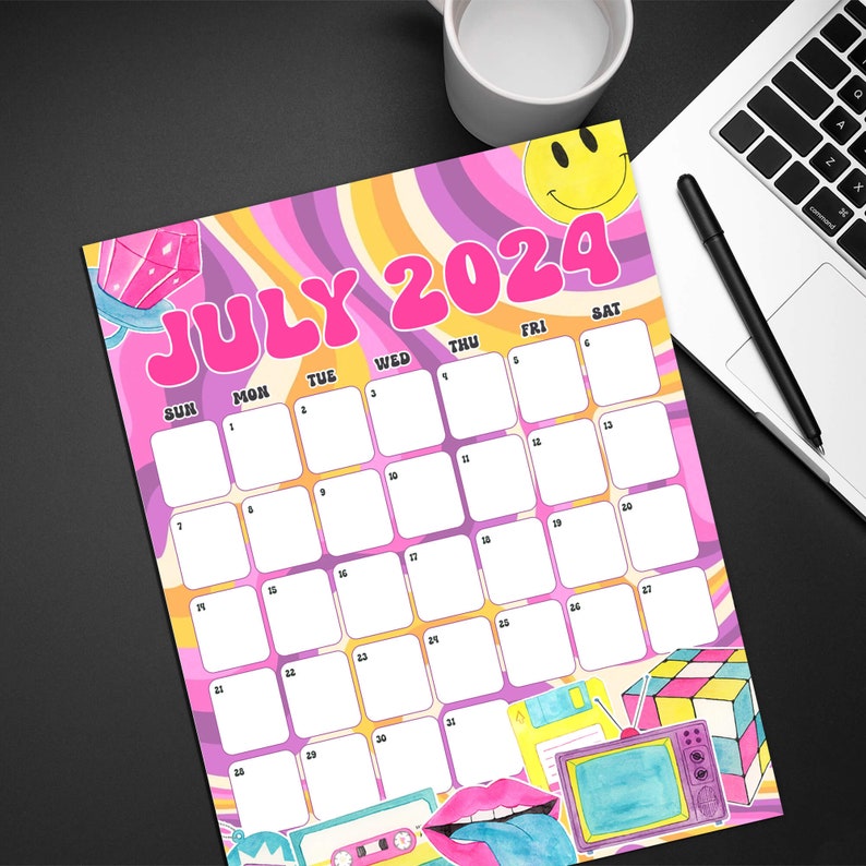 Printable Retro Theme Colorful July 2024 Calendar, Printable Retro Vibe ...