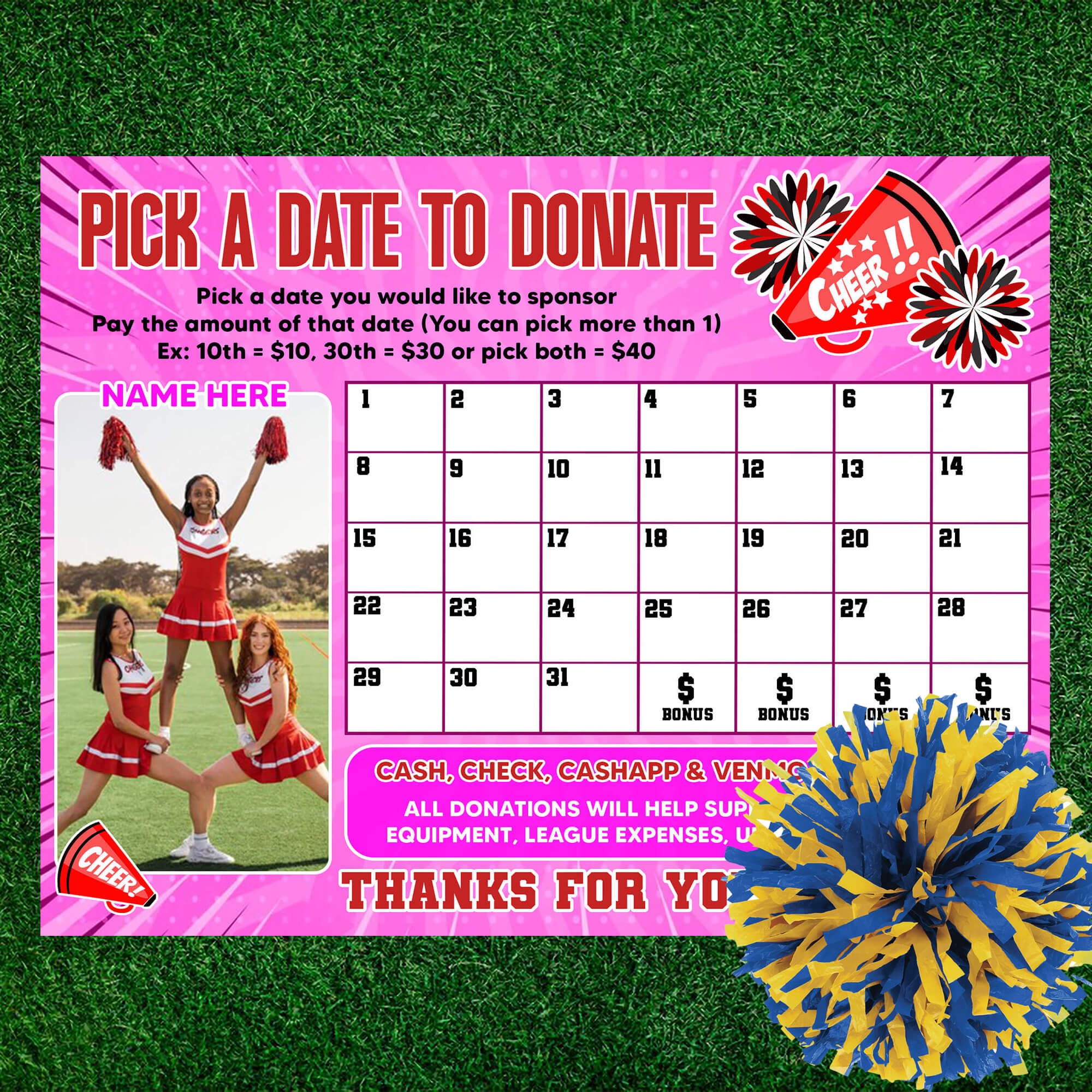 Editable Cheerleading Fundraising Calendar, Cheerleader, Cheer Pick a ...