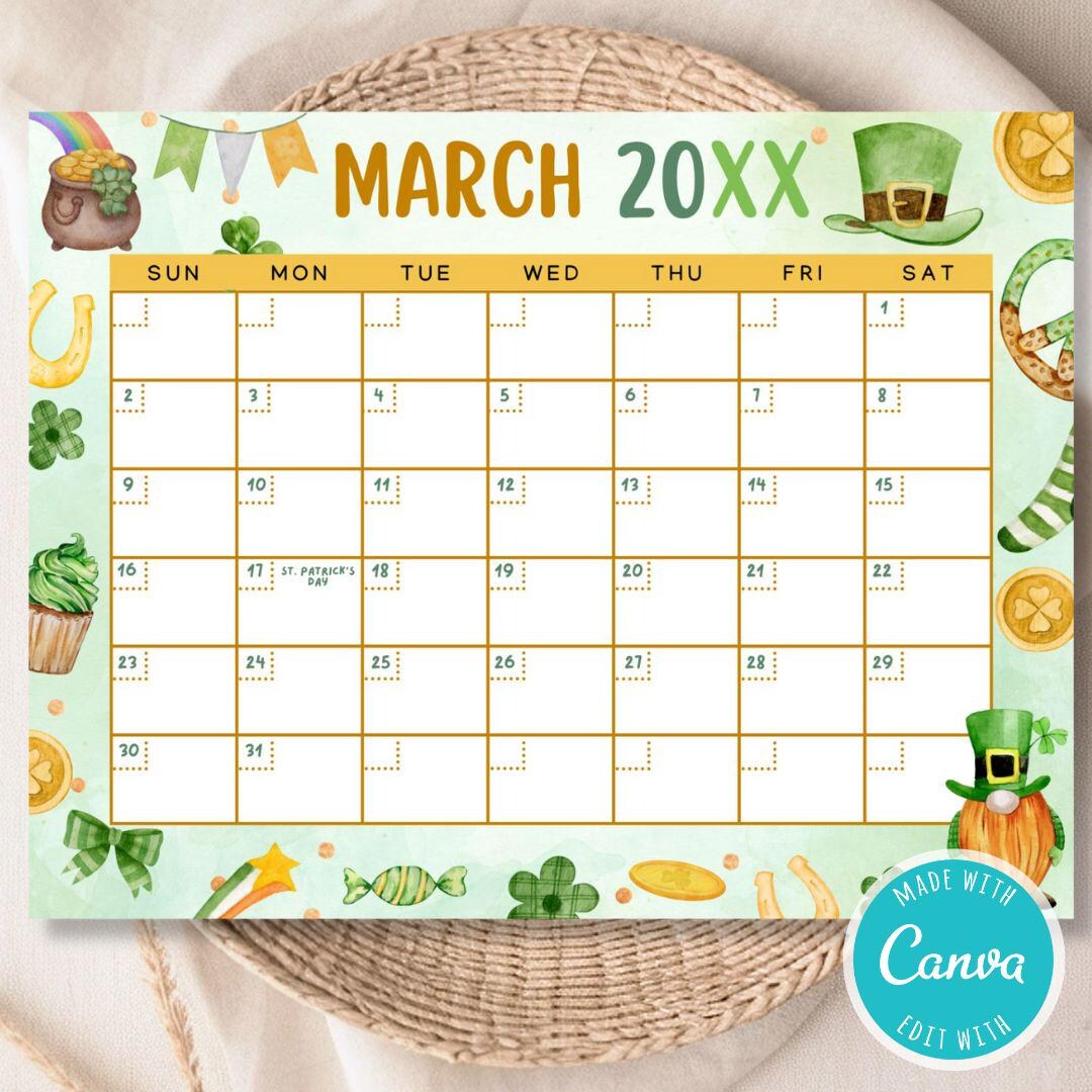 Editable and Printable March 2025 Calendar | St. Patrick’s Day Themed ...