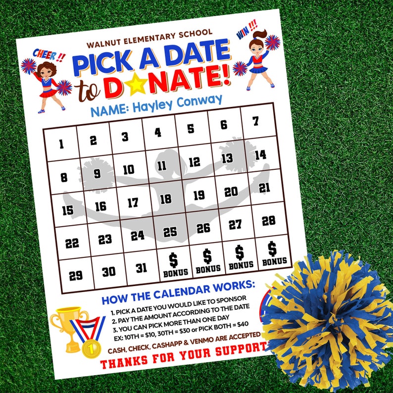 Cheerleading Fundraiser Donation Calendar, Editable Pick a Date to ...