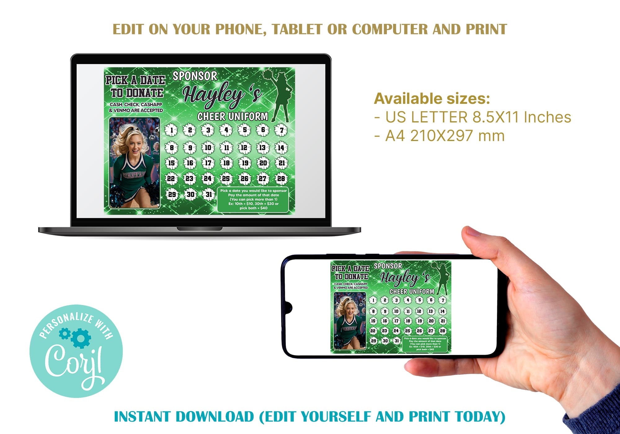 Editable Cheerleading Squad Calendar Fundraiser, School Pep Squad Pick ...
