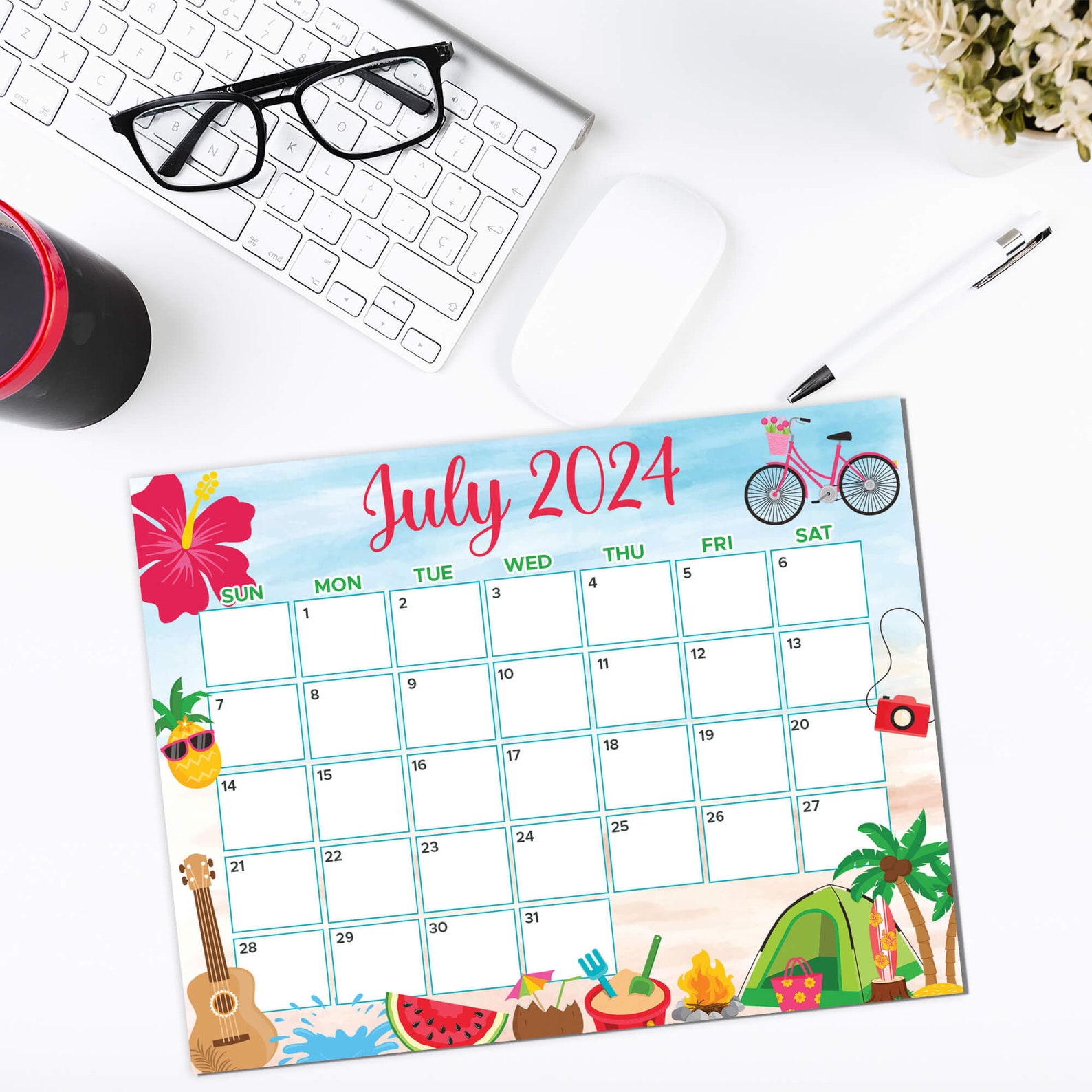 July 2024 Summer Calendar, Printable Cute Beach Summer Vibe Calendar ...