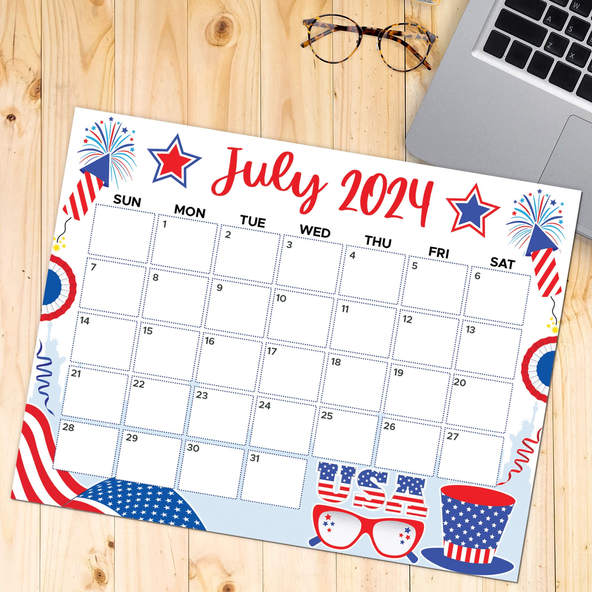 July 2024 Calendar, Printable 4th July Independence Day, Happy 4th July ...