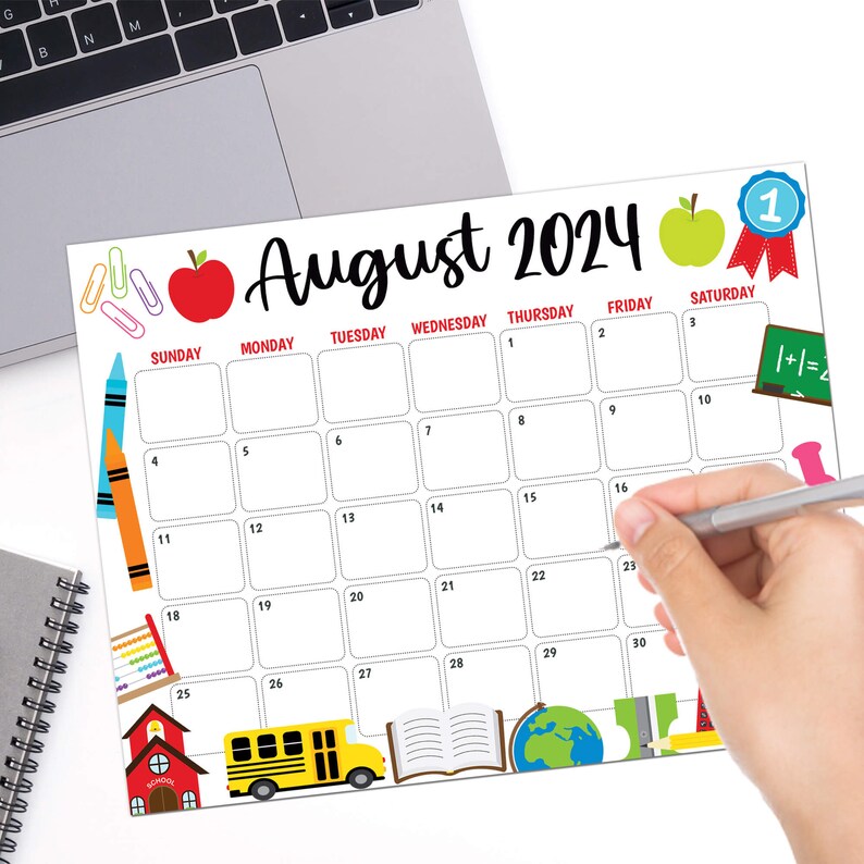 August 2024 Back to School Calendar, Printable Back to School Themed ...