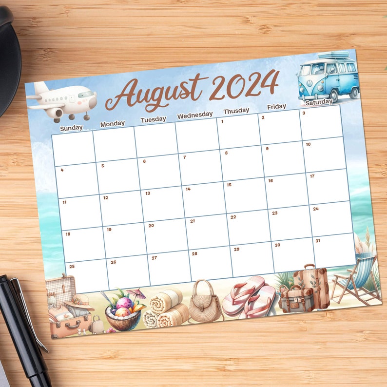 PDF August 2024 Adventure Themed Calendar, Printable Cute Travel ...