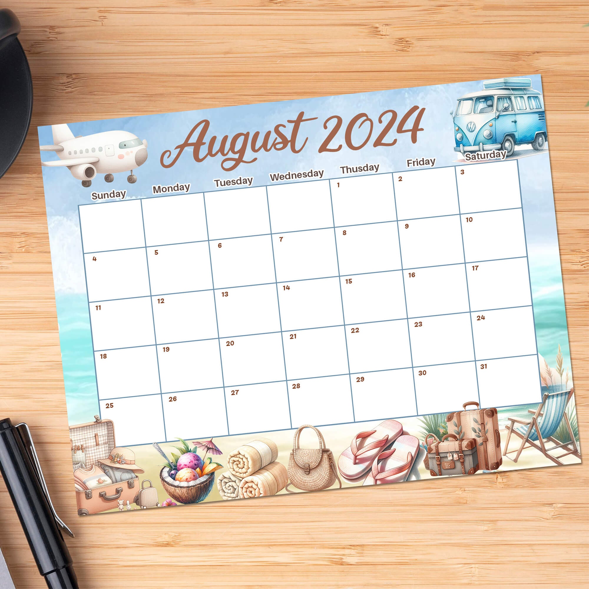 PDF August 2024 Adventure Themed Calendar, Printable Cute Travel ...