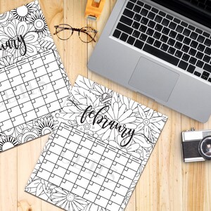 12 Month Coloring Calendar Floral Pattern Black Lettering, Printable ...