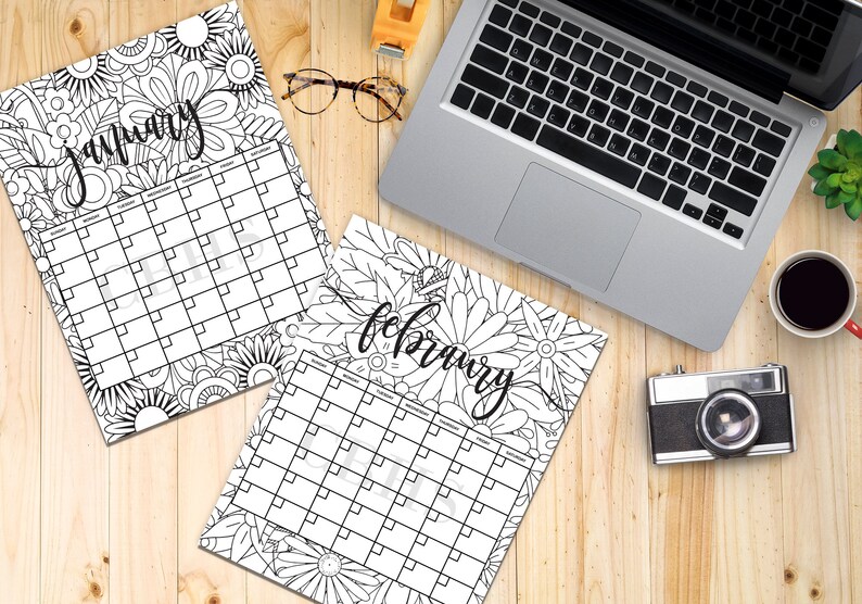 12 Month Coloring Calendar Floral Pattern Black Lettering, Printable ...