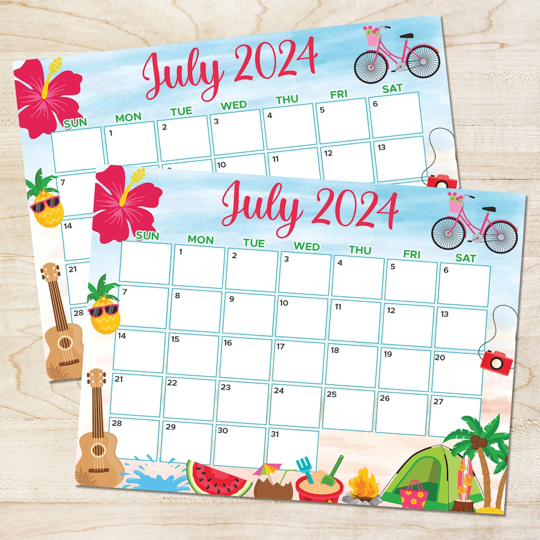 July 2024 Summer Calendar, Printable Cute Beach Summer Vibe Calendar ...