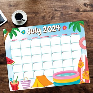 July 2024 Beautiful Summer Calendar, Printable Fillable Summer Calendar ...