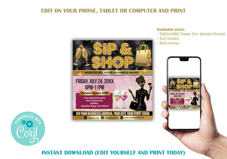 Editable Sip and Shop Flyer Template, Boutique Event Flyer, Shopping ...
