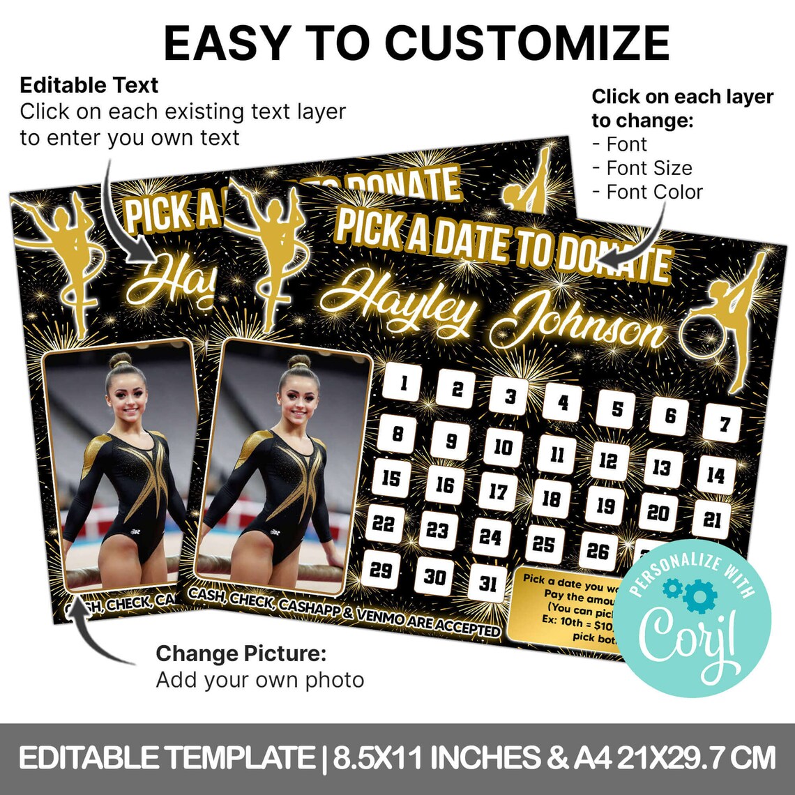 Editable Gymnastics Fundraising Calendar, Gymnastics Team, Modern ...