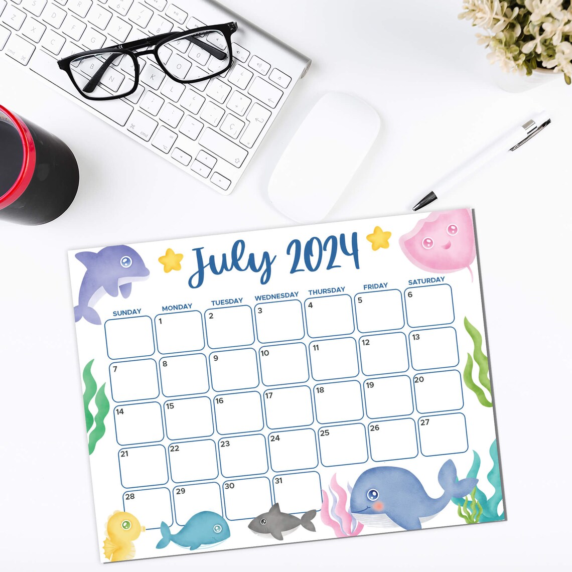 July 2024 Underwater Calendar, Printable Under the Sea Planner, Monthly ...