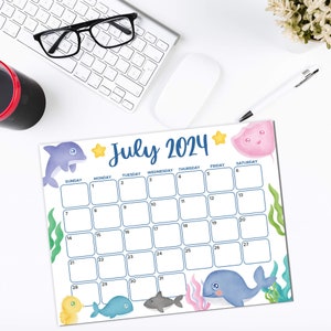 July 2024 Underwater Calendar, Printable Under the Sea Planner, Monthly ...