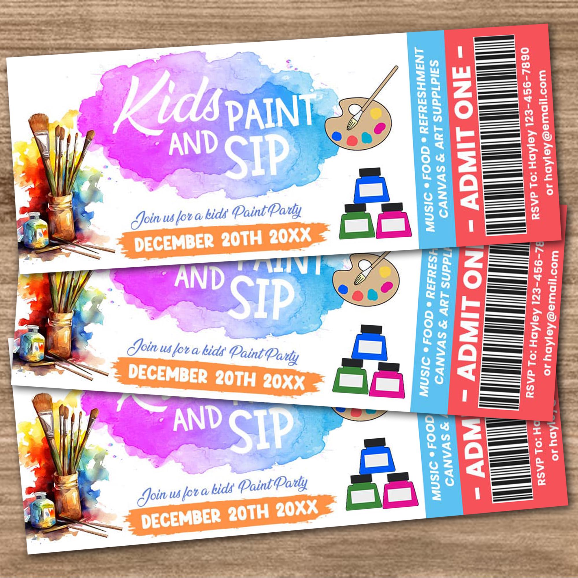 DIY Kids Paint and Sip Ticket | Editable Kids Paint Party Event Ticket ...