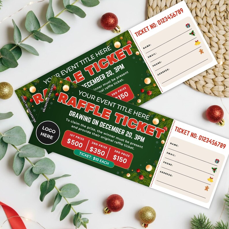 Editable Christmas Raffle Ticket Template: Xmas, Holiday and Fundraiser ...
