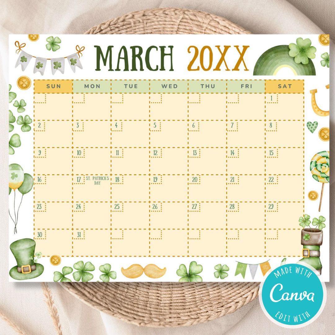 Editable St. Patrick’s Day March Calendar Printable | Colorful Shamrock ...