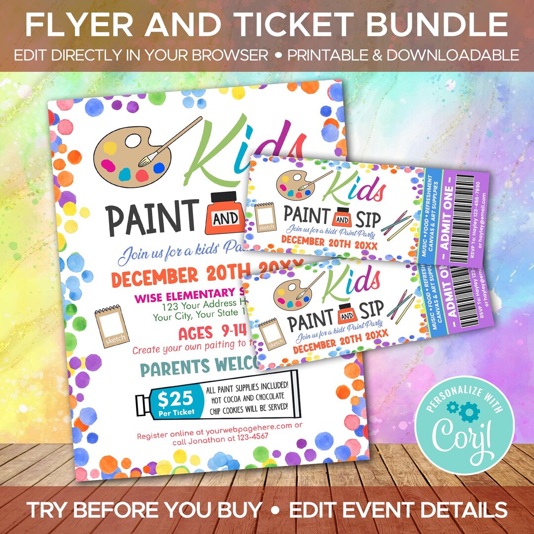 Kids Sip and Paint Ticket and Flyer Template | Event Invitation | Paint ...