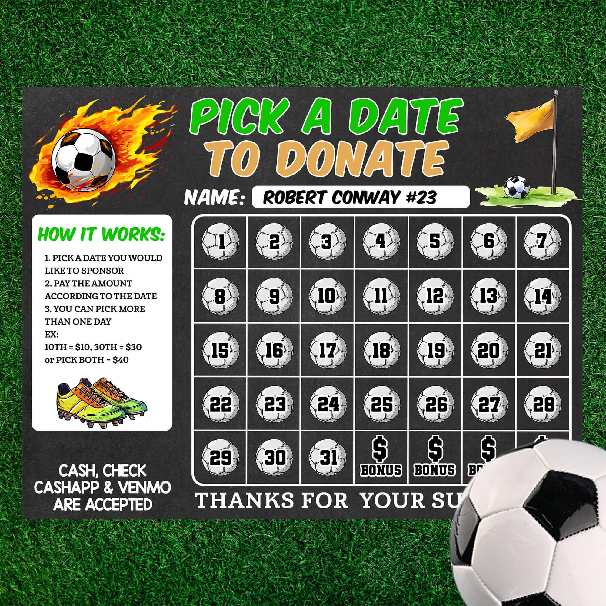 Editable Soccer Fundraising Calendar, Football, Pick a Date to Donate ...