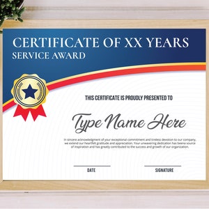 Editable Years of Service Award Printable, Years of Service Certificate ...
