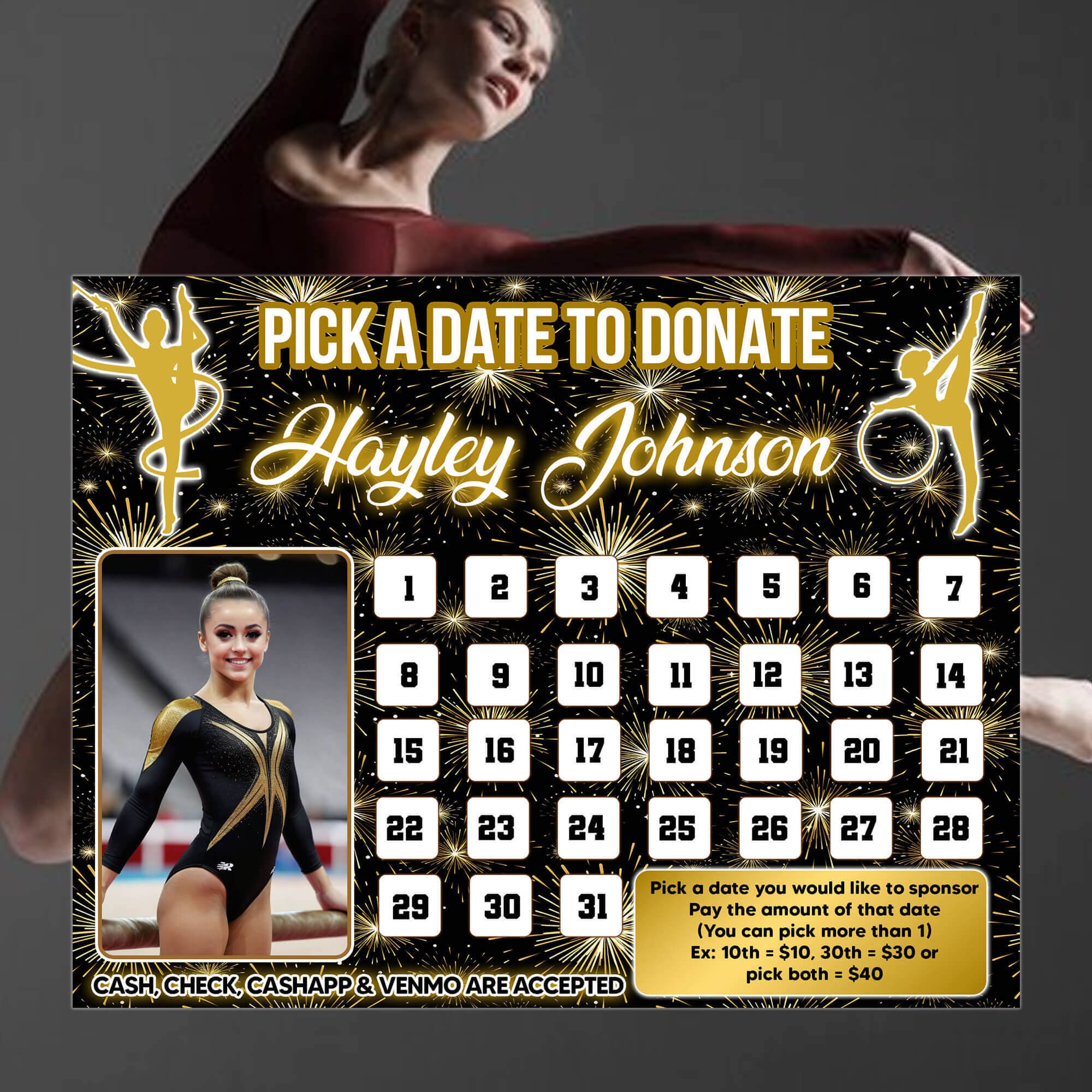 Editable Gymnastics Fundraising Calendar, Gymnastics Team, Modern ...